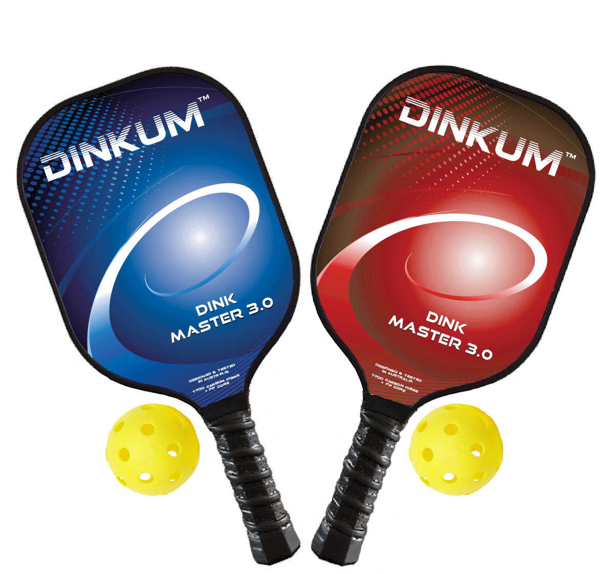 2 Dinkum® Dink Master 3.0 pickleball paddles + 2 balls. Choose your gr ...